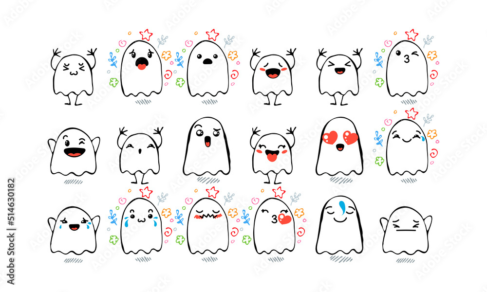 Set of Various Cartoon Ghosts with Emoticons. Doodle ghouls, eyes and ...