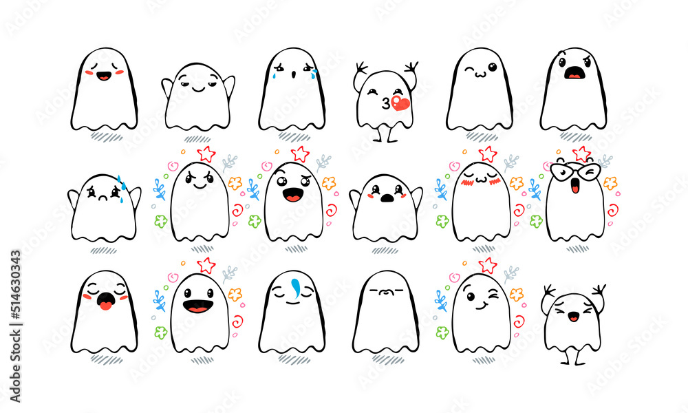 Set of Various Cartoon Ghosts with Emoticons. Doodle ghouls, eyes and ...