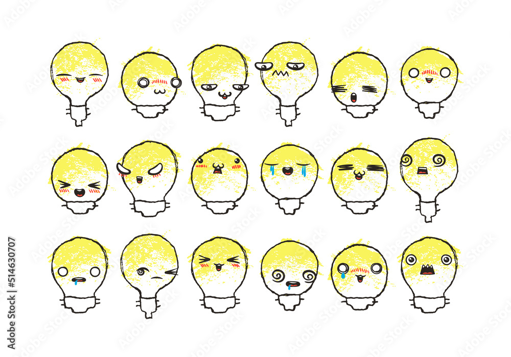 Set of Various Cartoon Bulbs with Emoticons. Doodle lightbulb, ideas ...