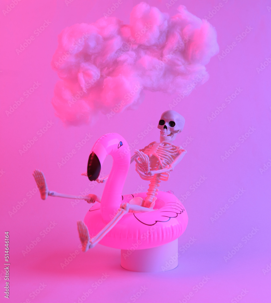 Skeleton with inflatable flamingo and floating fluffy cloud in pink ...