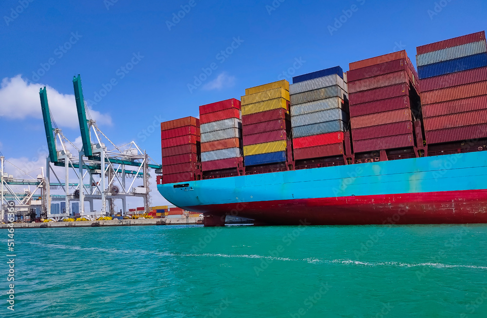 Container ship at Port Miami, one of the largest cargo ports in the US ...