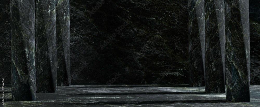 Marble dark hall with columns background. Old abandoned sanctuary made ...