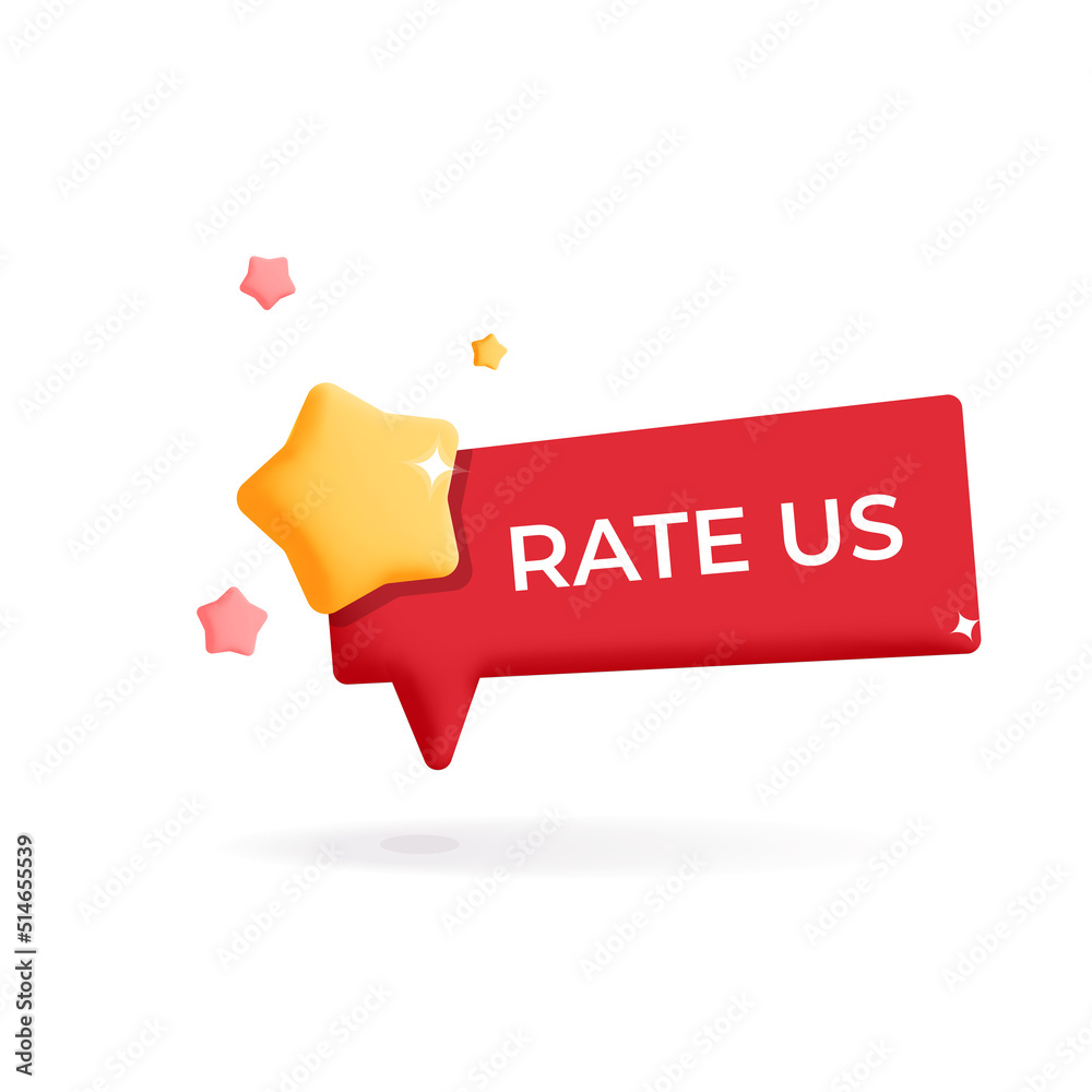 Feedback rate us red 3d vector label banner. Speech bubble with glossy ...