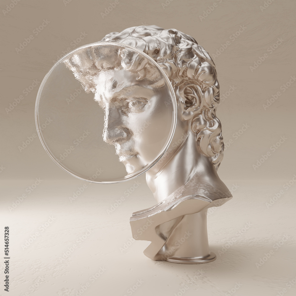 Marble David's head. Magnifying glass. White statue of David on nice ...