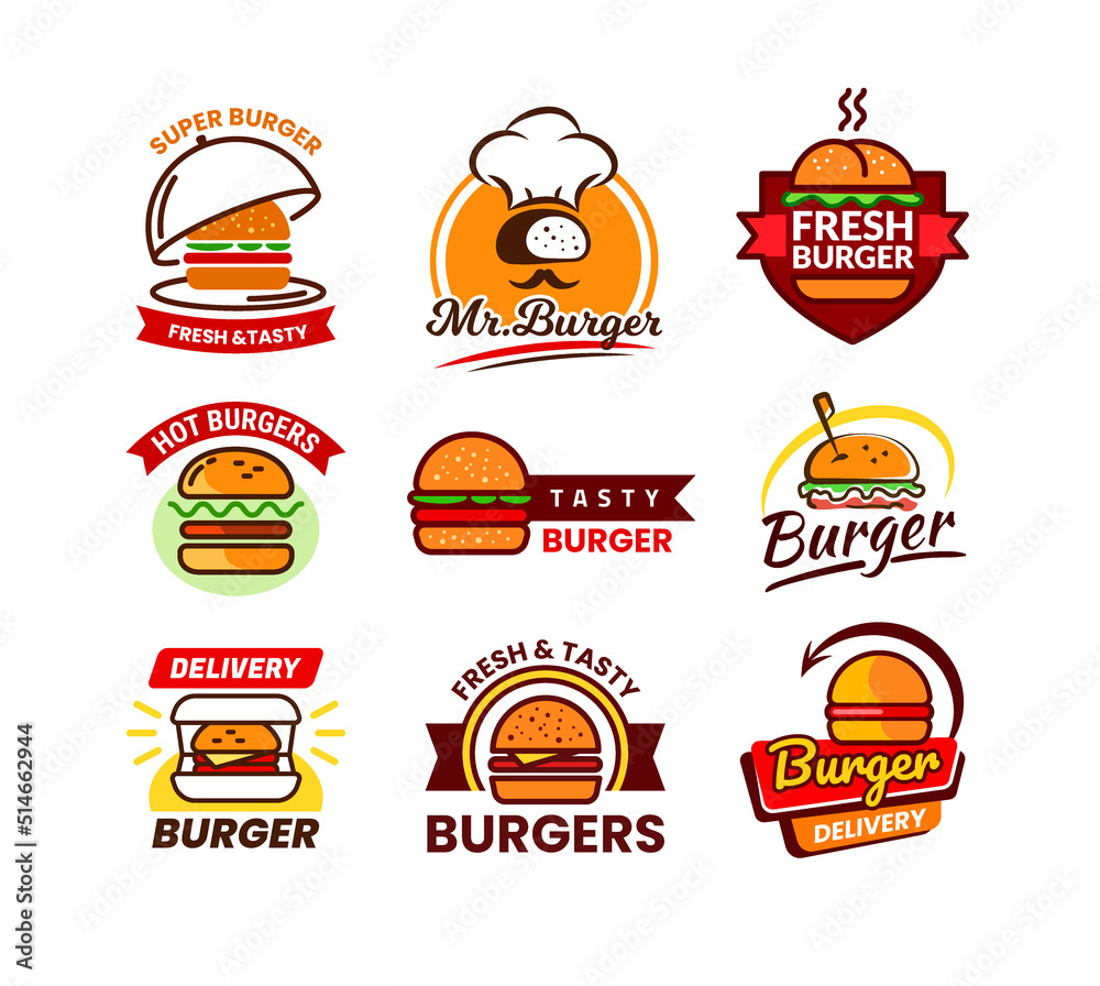 Burger logo set. Big hamburger and sandwich logotype for cafe or ...