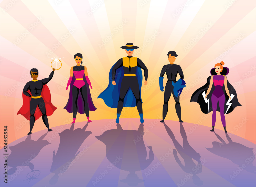 Superhero team. Silhouette league of justice background, group of man ...