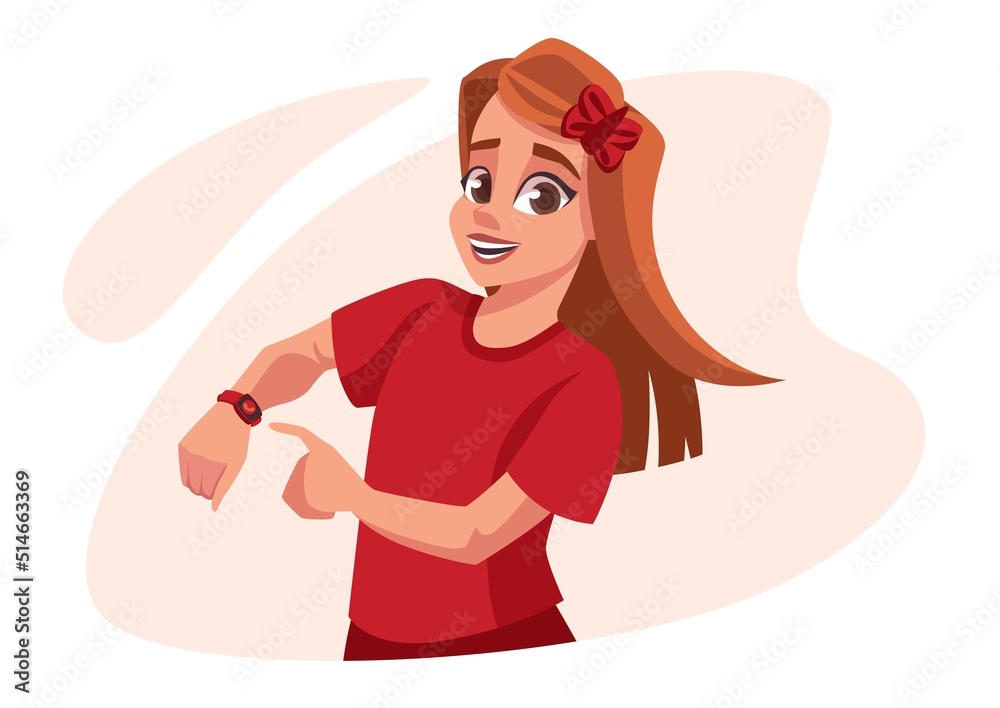 Child with watch. Kid looks to hand with wristwatch. Clock face. Time ...