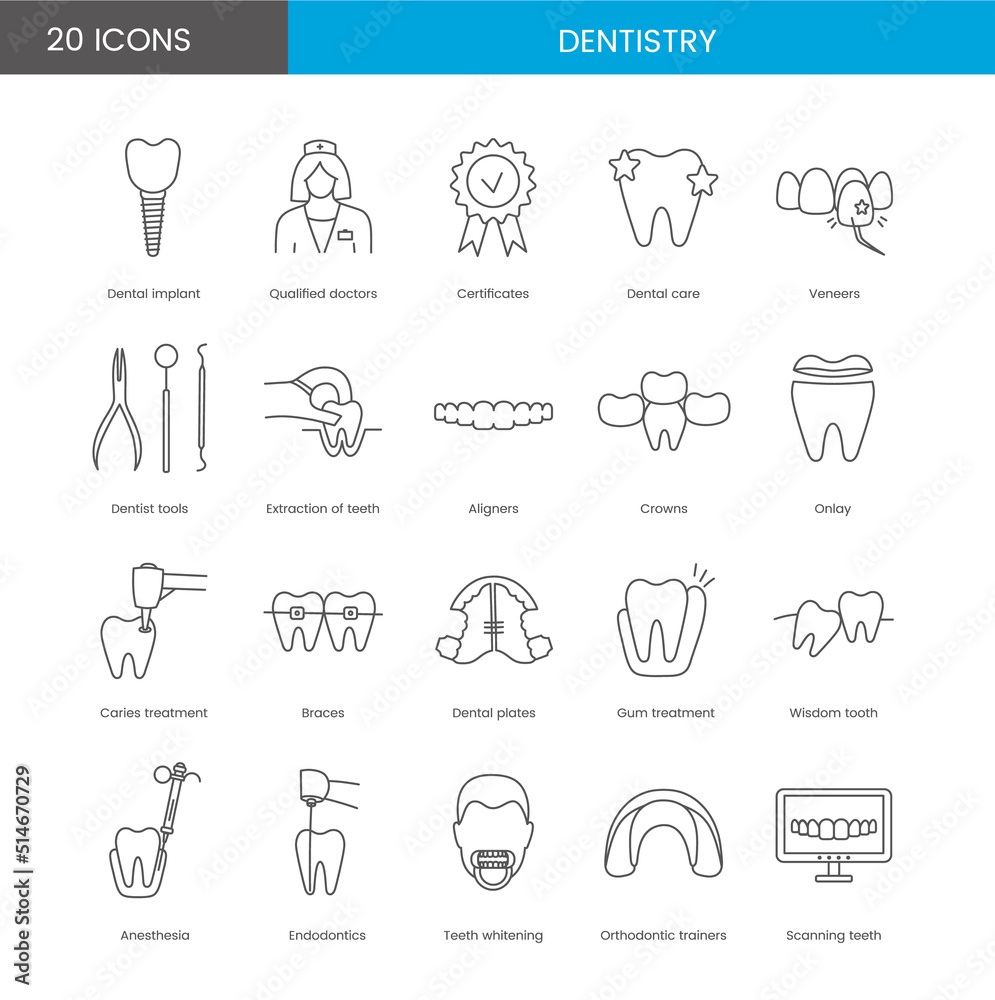 A set of linear icons for a dental clinic includes implant, veneers ...