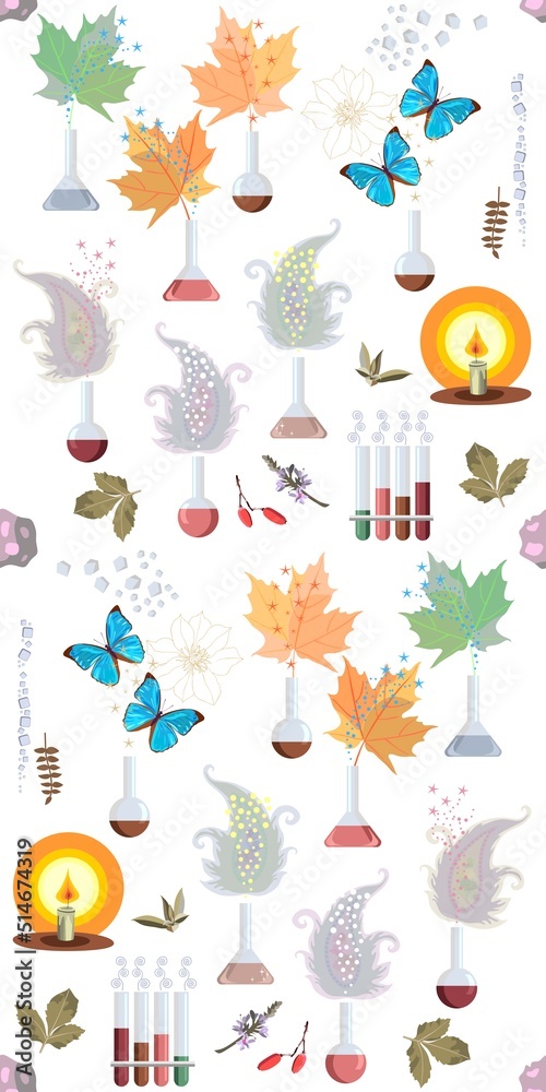 Seamless beautiful alchemical pattern with flasks and test tubes in ...