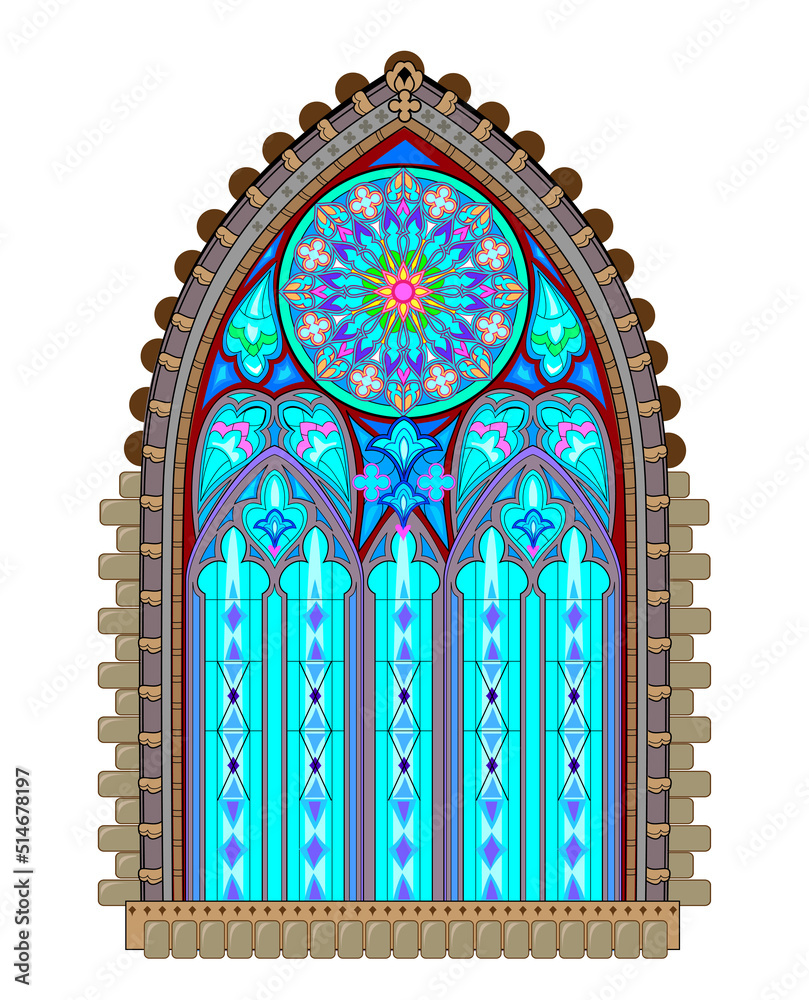 Beautiful colorful medieval stained glass window with rose. Gothic ...