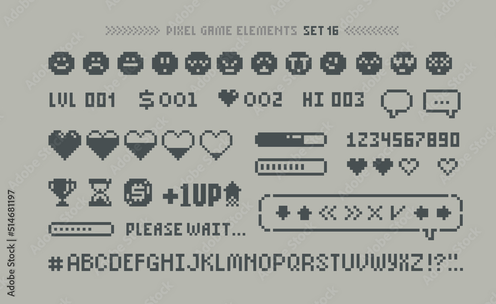 Pixel Art 8 bit arcade game elements with icons and font alphabet ...