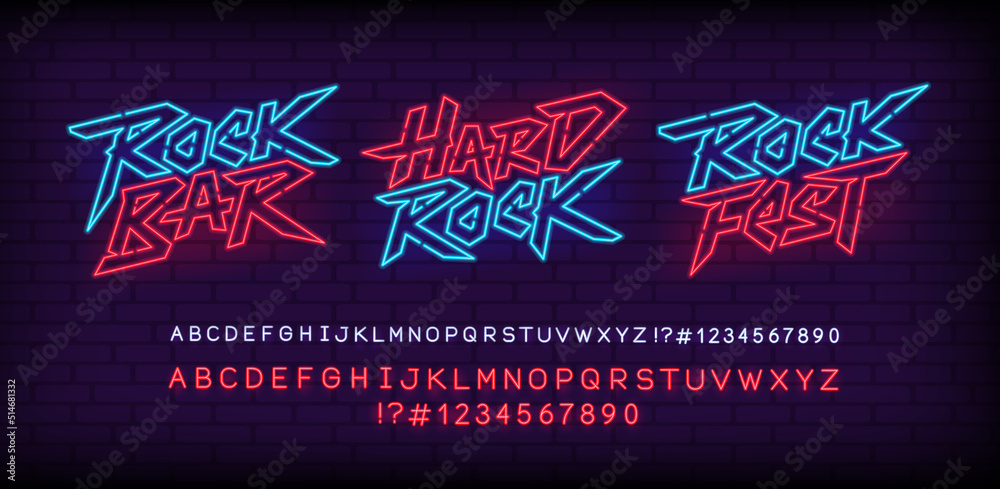 Rock n Roll Neon Light sign set with type font. Rock Bar sign. Neon ...