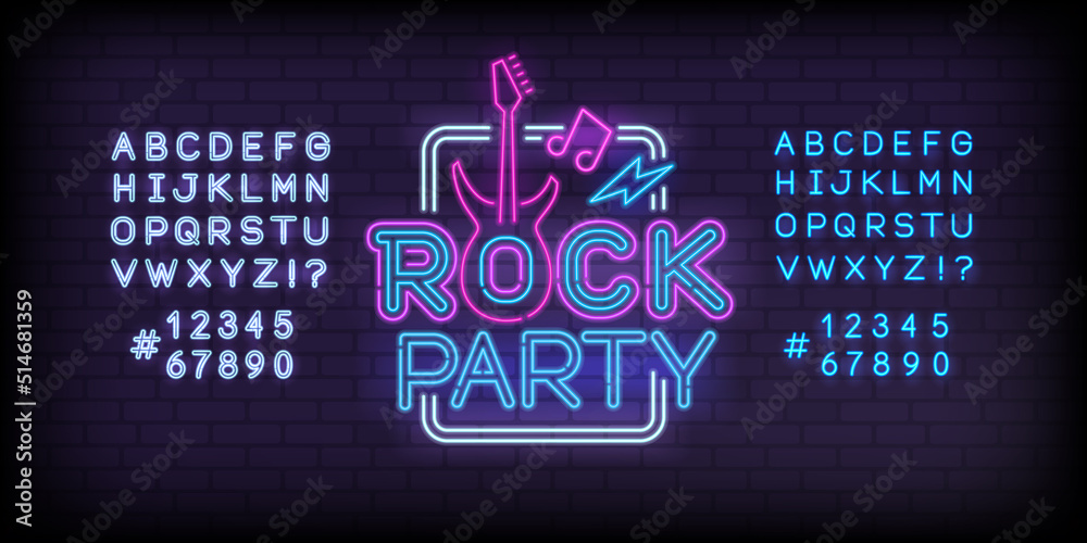 Rock Party Neon Light sign with type font - editable vector template ...