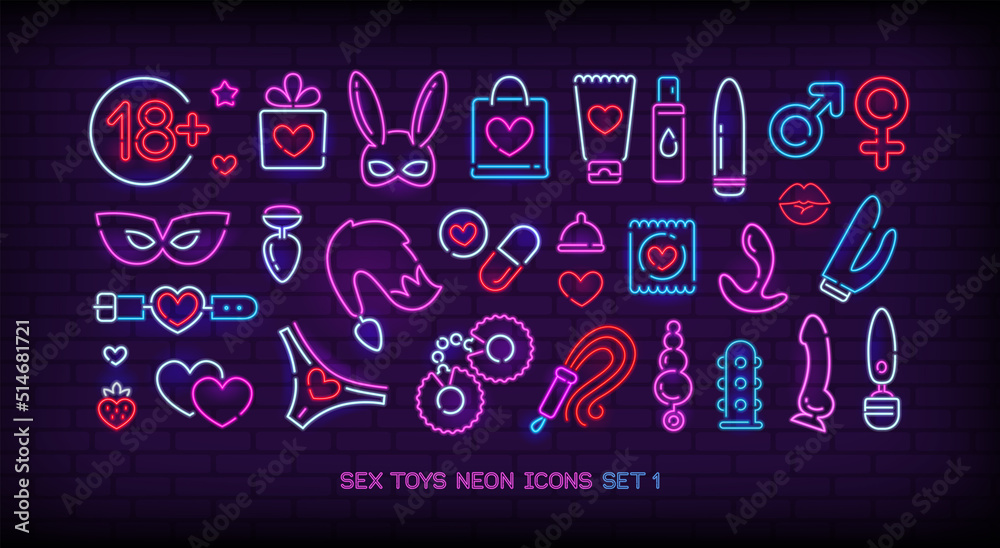 Sex Toys Shop Items And Icons In Neon Light Style Adult Store Logo
