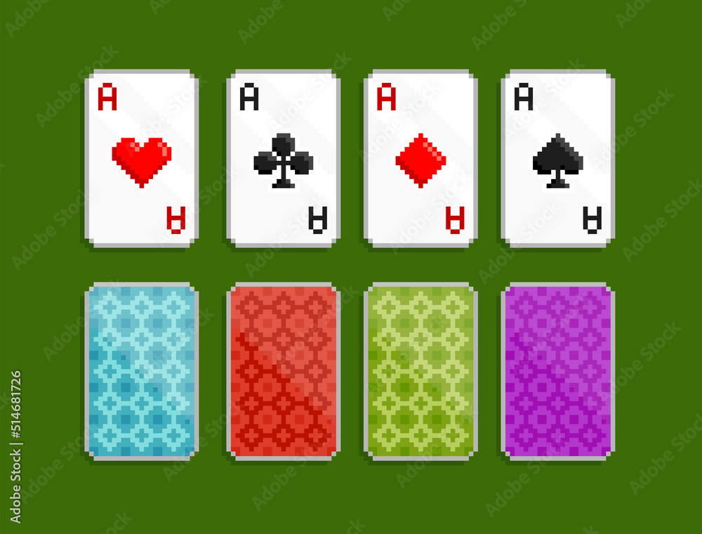 Pixel Art Playing cards with ace suits on green background. Pixel ...