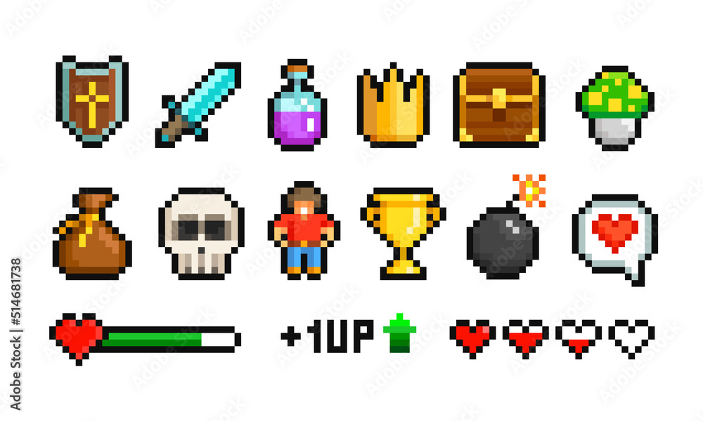 Plakát Vector Pixel Art icons set of 8-bit set of crown, heart, trophy ...