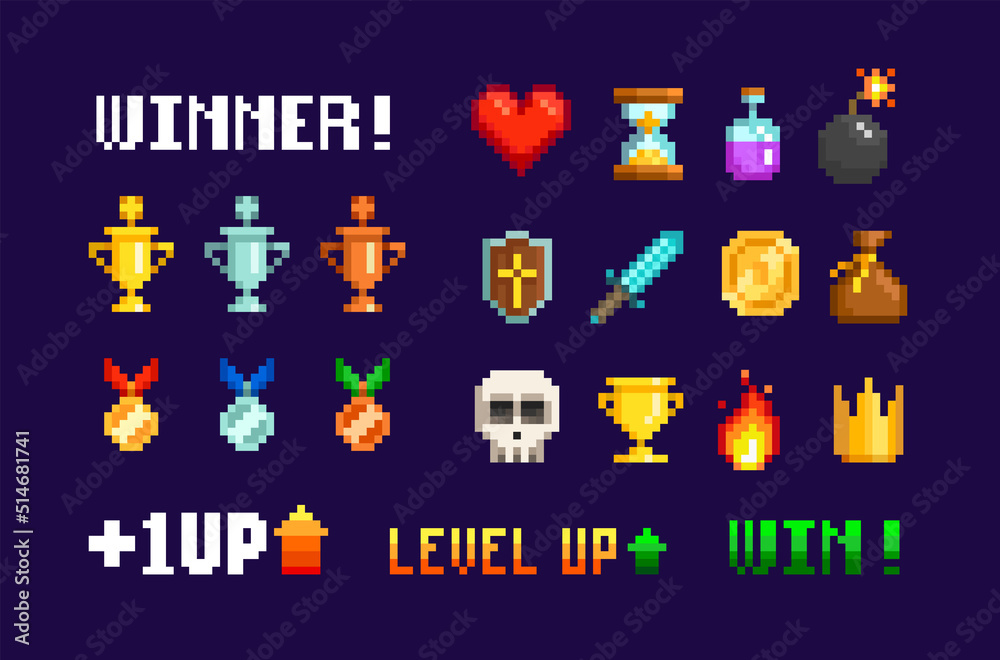 Pixel Art 8-bit winner trophy cups, medals set for retro game design ...