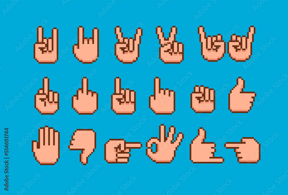 Pixel hand cursors and gesture symbols for retro game. Rock sign ...