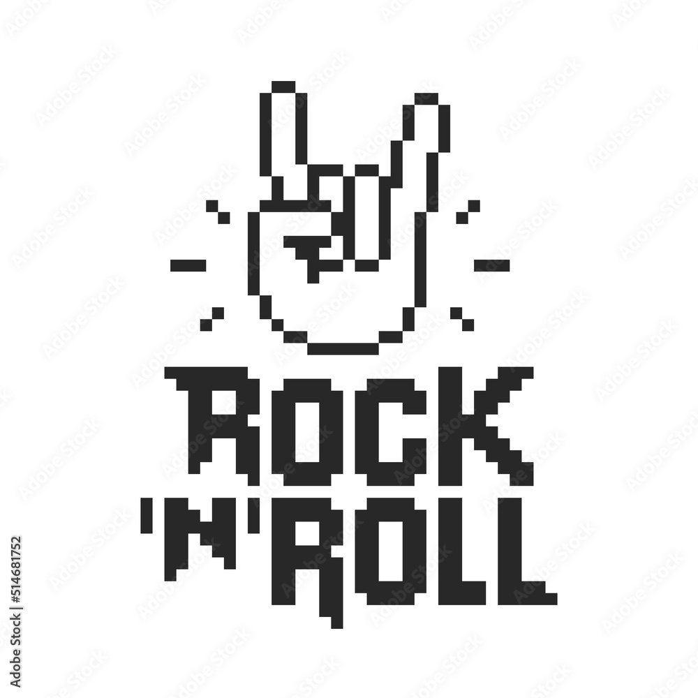 Pixel Art style Rock Music Gesture vector lettering on white background ...