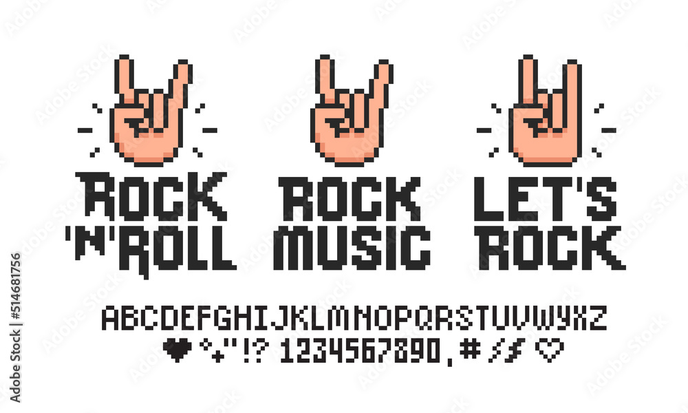 Let's Rock and Rock Music design set in Pixel Art style vector template ...