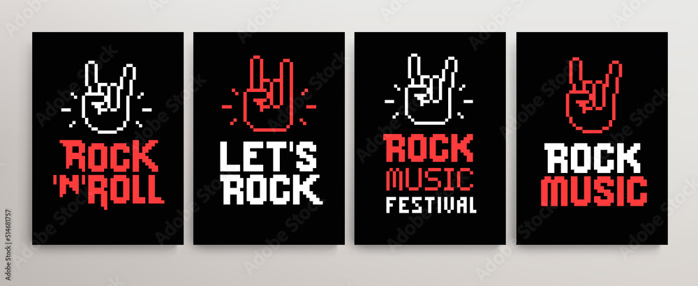 Rock Music Festival and Let's Rock signs in Pixel Art style vector ...