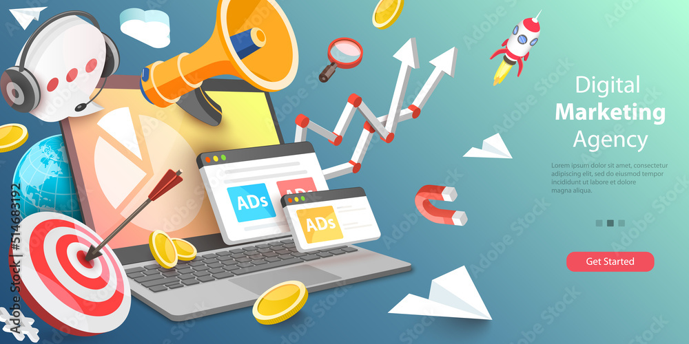 3D Vector Conceptual Illustration of Digital Marketing Agency, Online ...