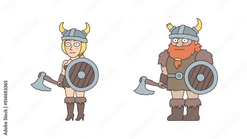 Viking woman and viking man hold shield and raise an ax to up. Alpha ...