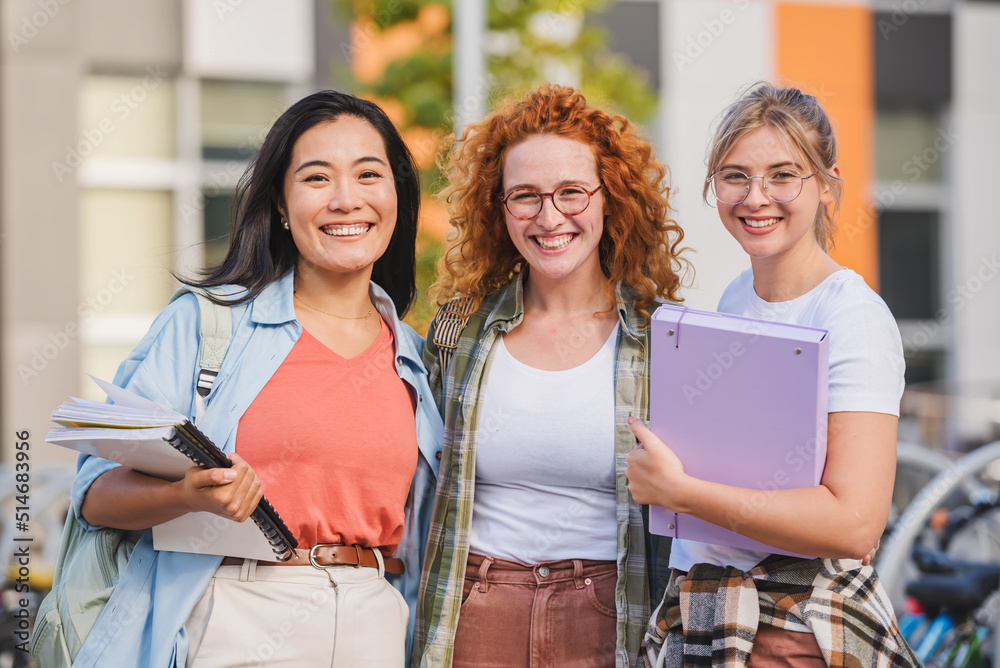Portrait of diverse group of female college students standing in front of a university building ...