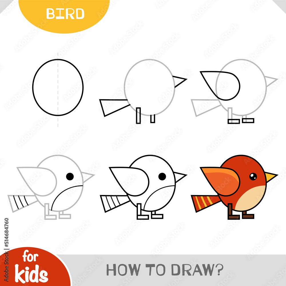 Vetor de How to draw Little bird for children. Step by step drawing ...