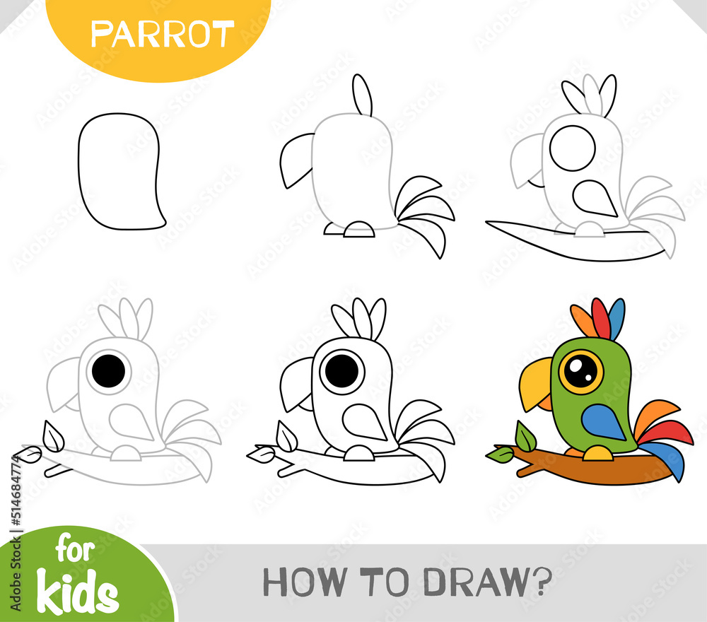 Poster How to draw Parrot for children. Step by step drawing tutorial ...
