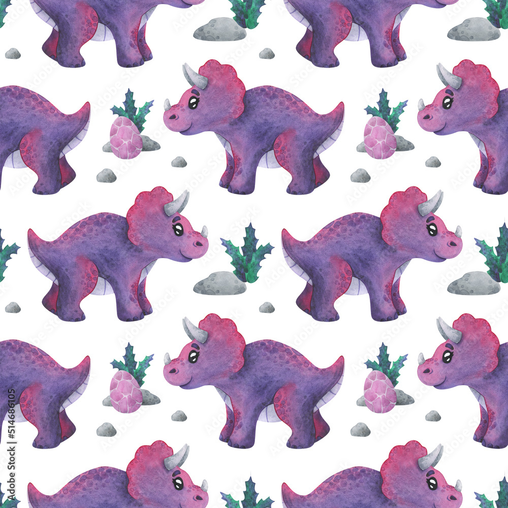Seamless pattern with purple dinosaur. Triceratops on a white ...