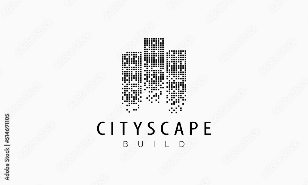 Dispersed building vector logo with disintegration effect. Square ...
