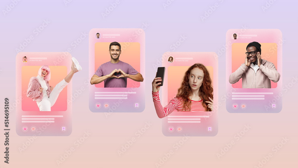 Foto de Collage of four posts on social media feed of diverse popular ...