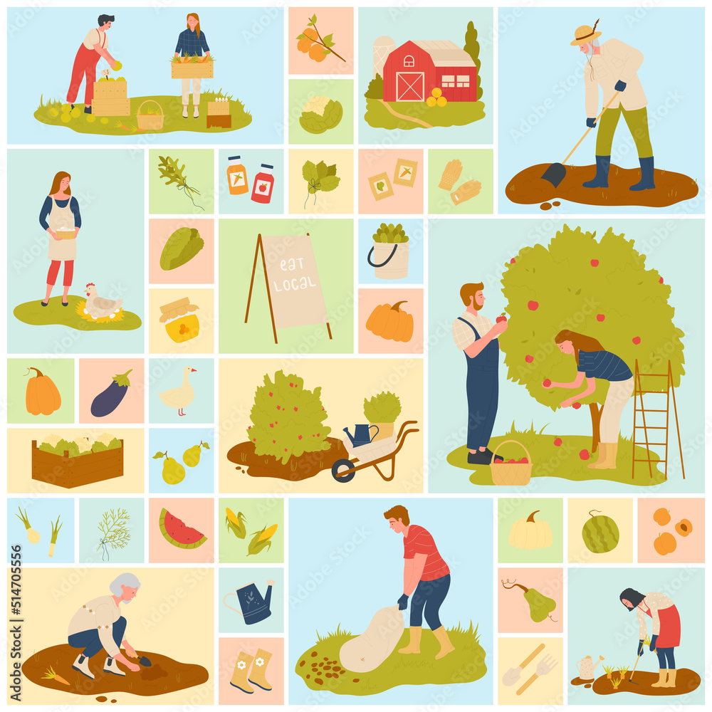 Farm food production, farmers set vector illustration. Cartoon woman ...