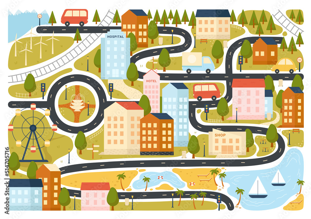 Cute city map vector illustration. Cartoon town or village plan with ...