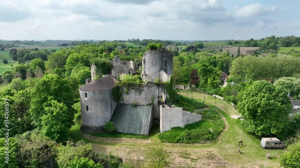 Aerial top down ground plan view of Montaigu le blin Gothic ruin castle ...