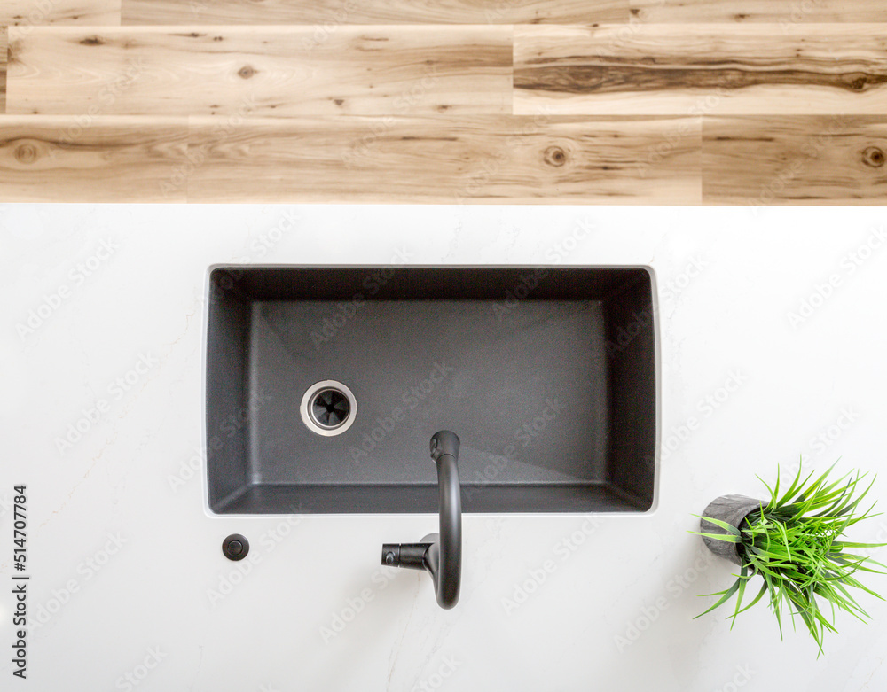 A top view of an empty, modern farmhouse kitchen sink. Stock Photo ...