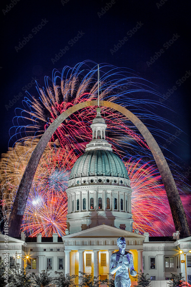 Gateway Arch At Night With Fireworks