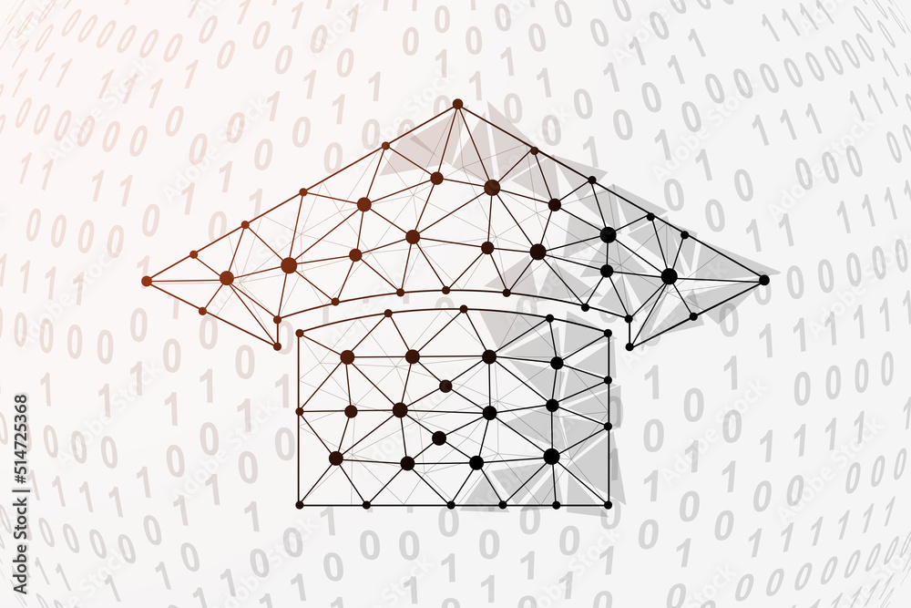 Graduation cap 3d low poly symbol with binary code background. E-learning design illustration ...