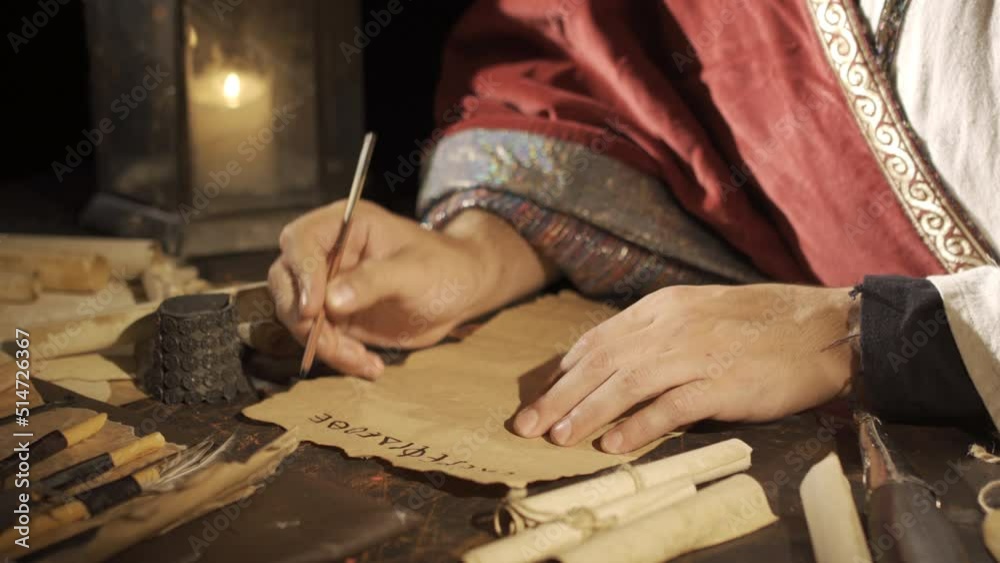 Medieval Cyrillic alphabet. Medieval man writing letters in ancient ...