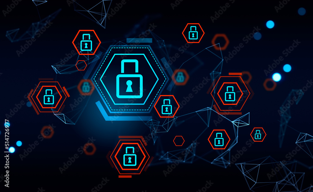 Cybersecurity circuit and padlock with digital lines, data protection ...