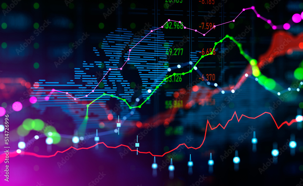 Forex diagrams and stock market chart with candlesticks, earth map ...