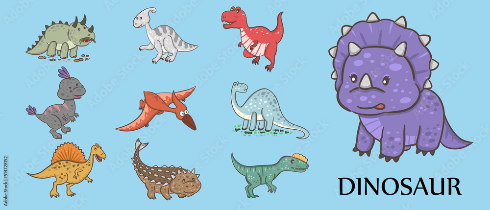 Clipart set of cute colored dinosaurs. T-rex, diplodocus, triceratops ...