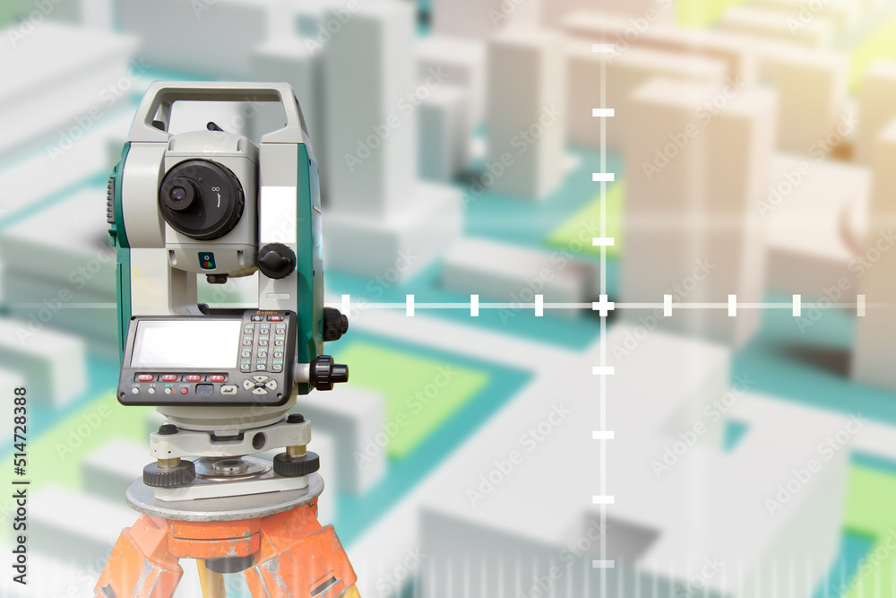 Device for surveyor. Optical theodelite on tripod. Place for text about ...
