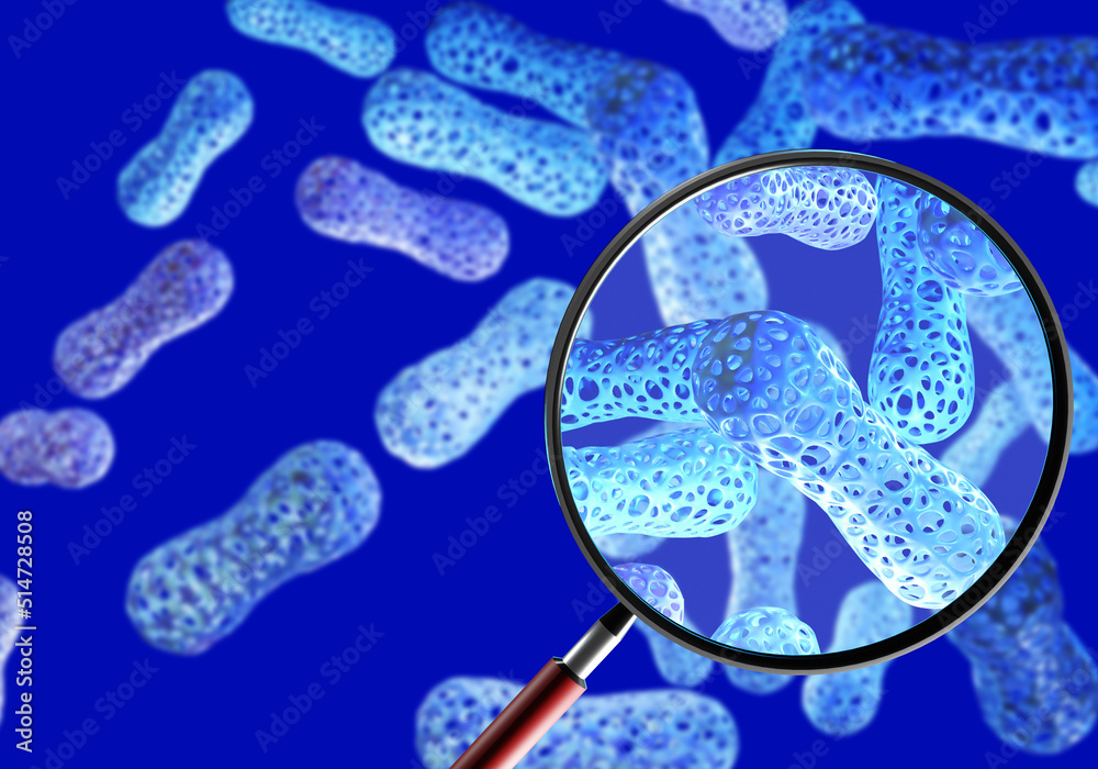 Probiotics elements under magnifying glass. Probiotics bacteria on blue ...