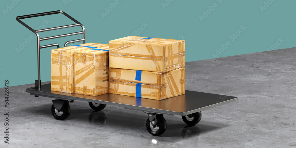 Cargo trolley with boxes. Trolley for moving goods around warehouse ...