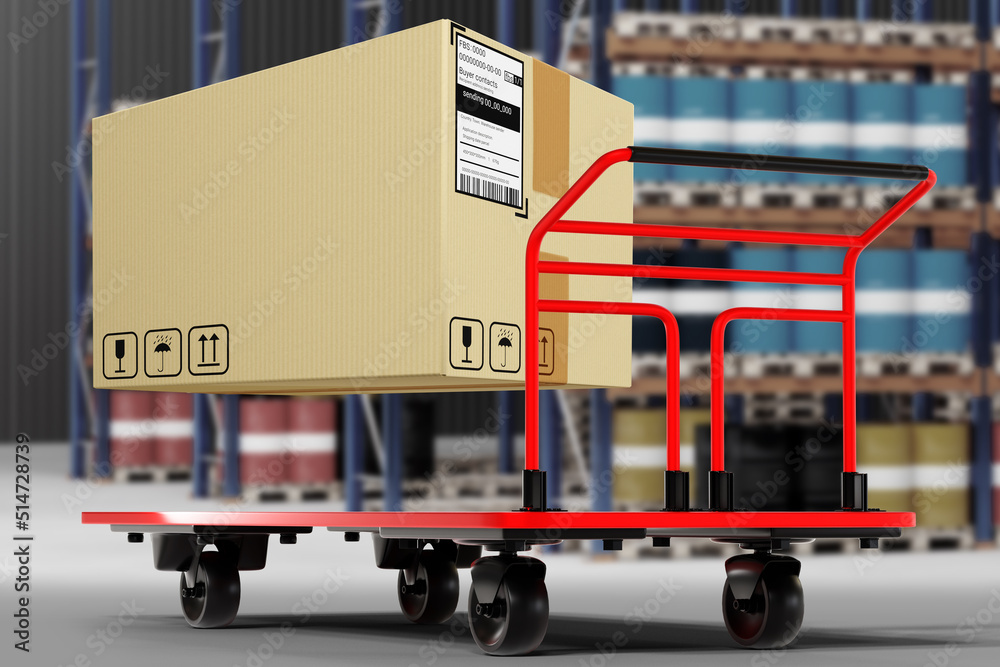 Warehouse trolley with box. Big box to above cart. Cardboard box is ...