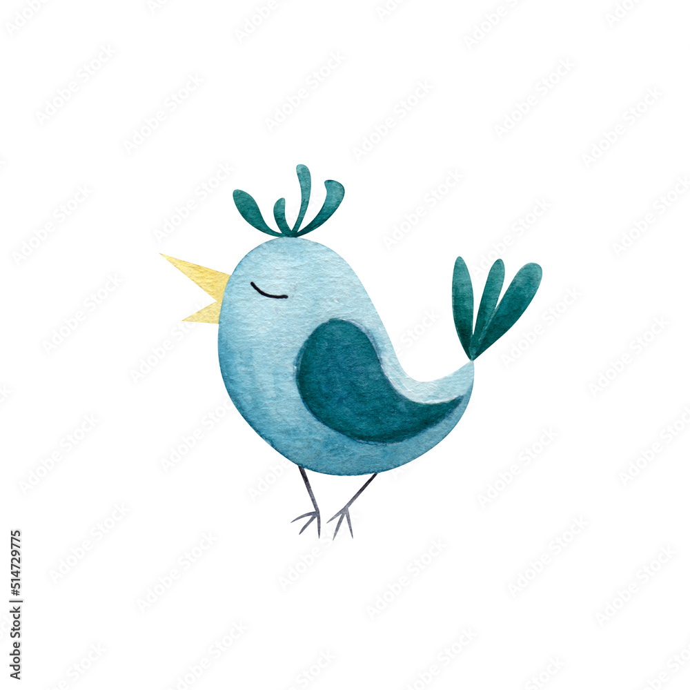 Watercolor Illustration of a Cute Blue Bird. Colorful cartoon Hand ...