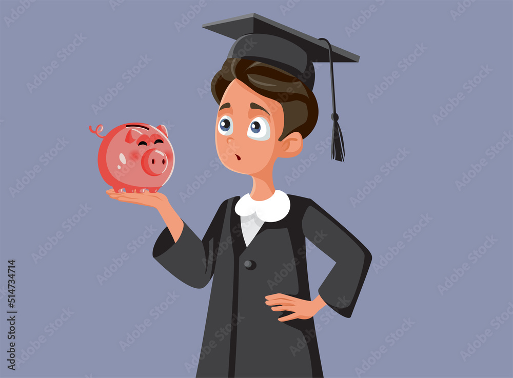 Puzzled Student Holding a Piggy Bank Vector Cartoon Illustration ...