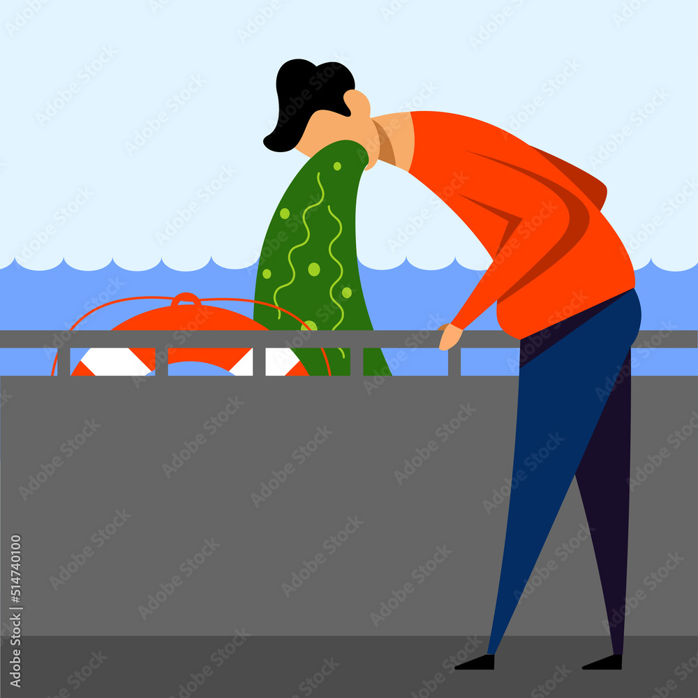 A vector image of a man in the ship with motion sickness and dizziness ...